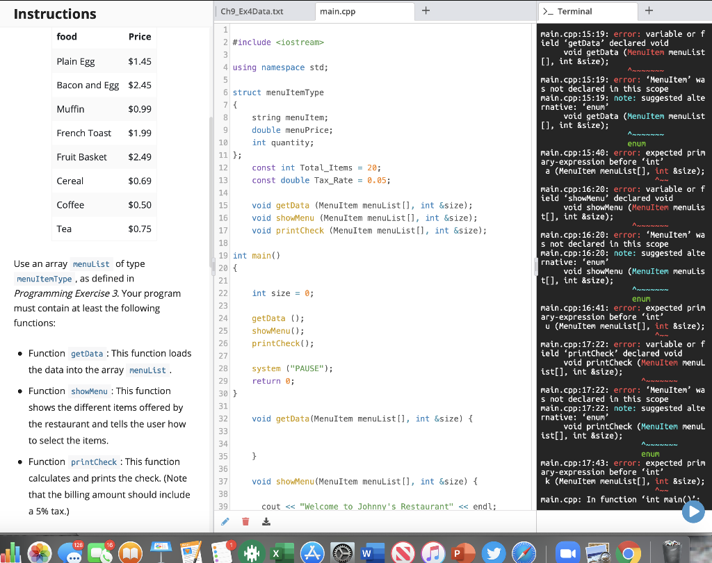 Solved Instructions Ch9_Ex4Data.txt main.cpp >_ Terminal | Chegg.com