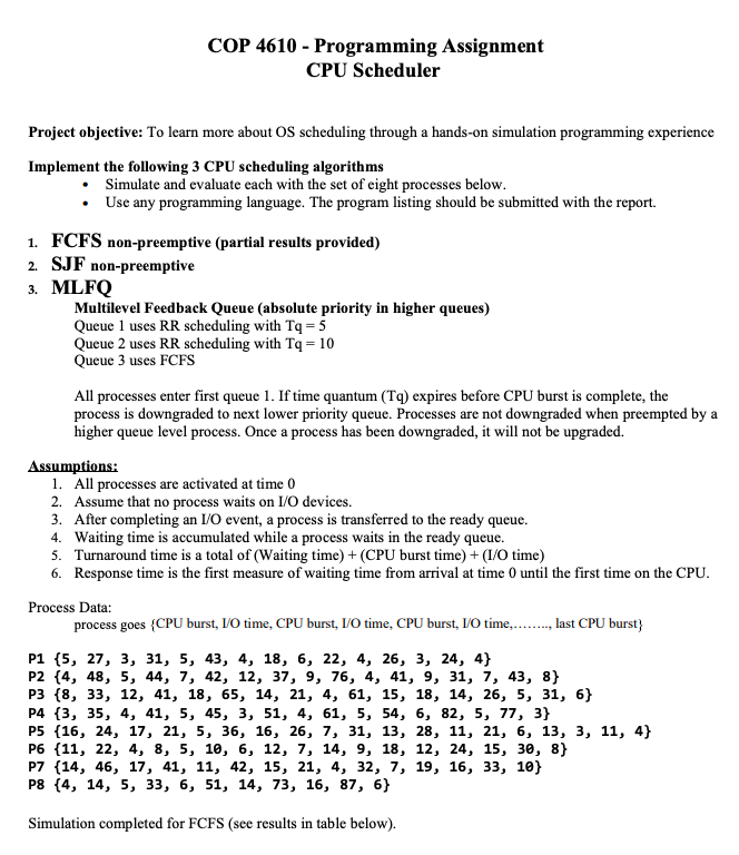 COP 4610 - Programming Assignment CPU Scheduler | Chegg.com