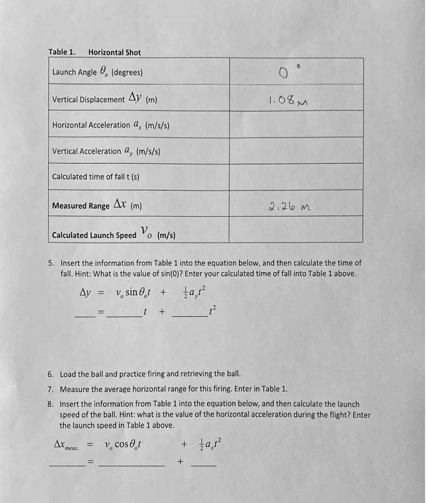 Solved Table 1. Horizontal Shot Launch Angle 0. (degrees) | Chegg.com