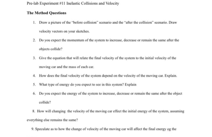 Solved Pre-lab Experiment #11 Inelastic Collisions and | Chegg.com