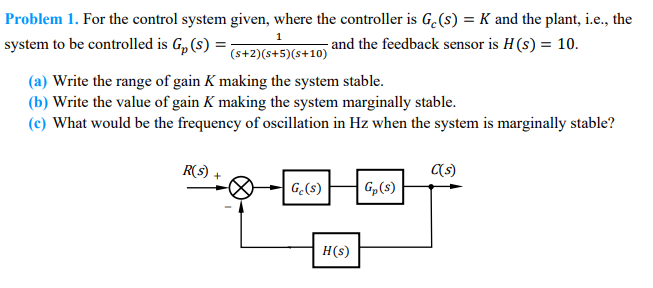 Solved Problem 1. For the control system given, where the | Chegg.com