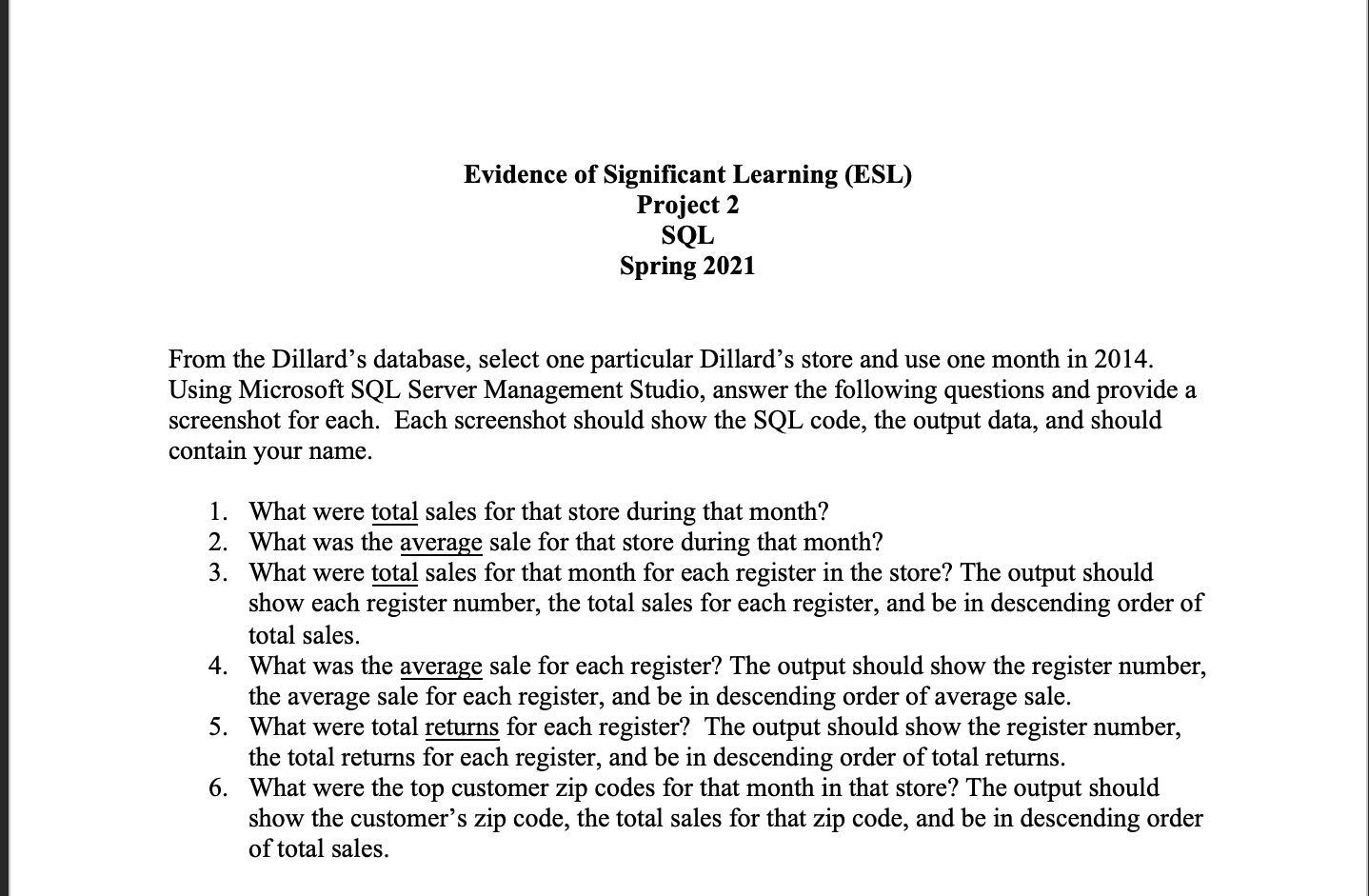 Evidence of Significant Learning (ESL) Project 2 SQL | Chegg.com