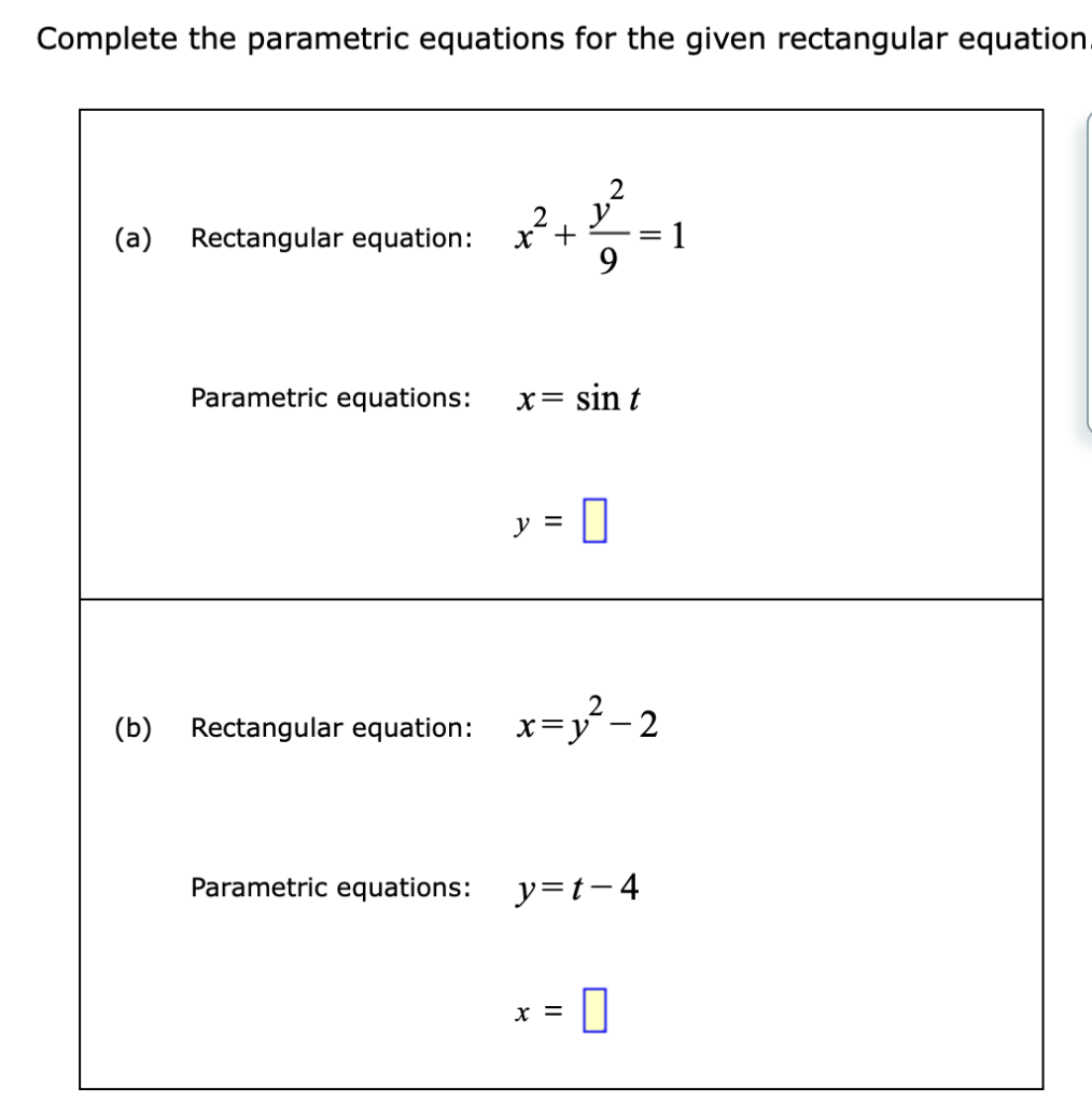 Solved Complete the parametric equations for the given | Chegg.com