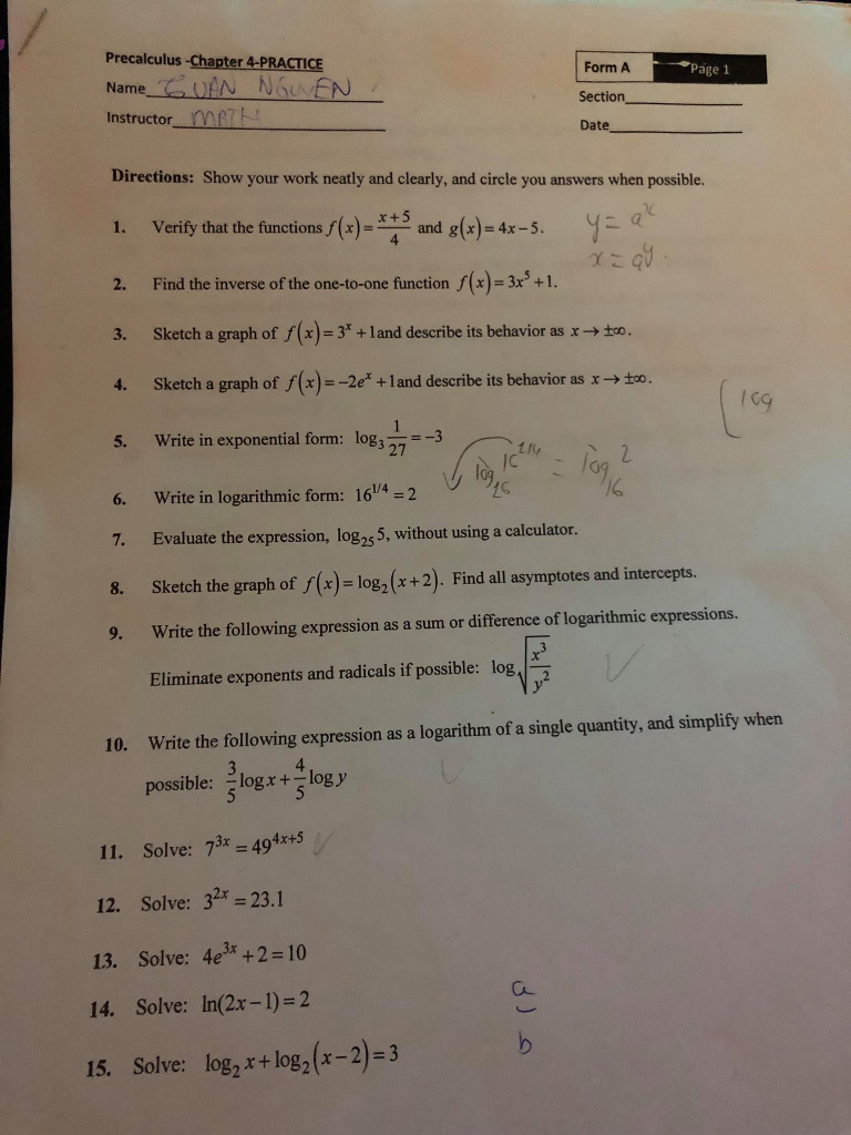 Solved Precalculus -Chapter 4-PRACTICE Form A Section Date | Chegg.com