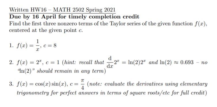 Written HW15 – MATH 2502 Spring 2021 Due by 13 April | Chegg.com