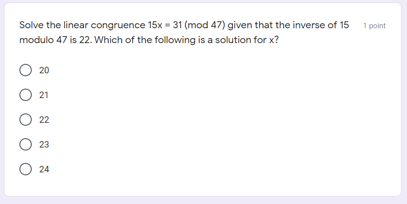 Solved 1 point Solve the linear congruence 2x = 5 (mod 9). | Chegg.com