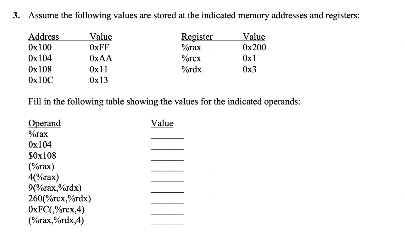 Solved 3. Assume the following values are stored at the | Chegg.com