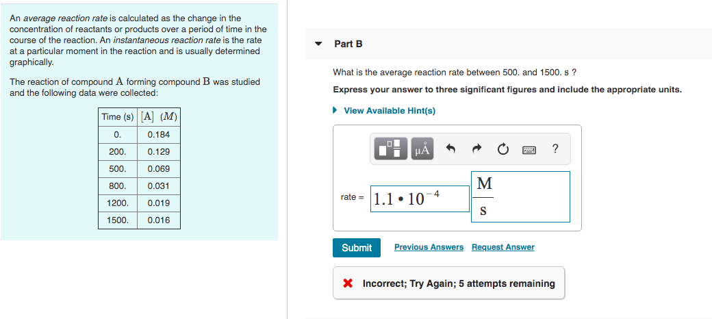 Solved An average reaction rate is calculated as the change | Chegg.com