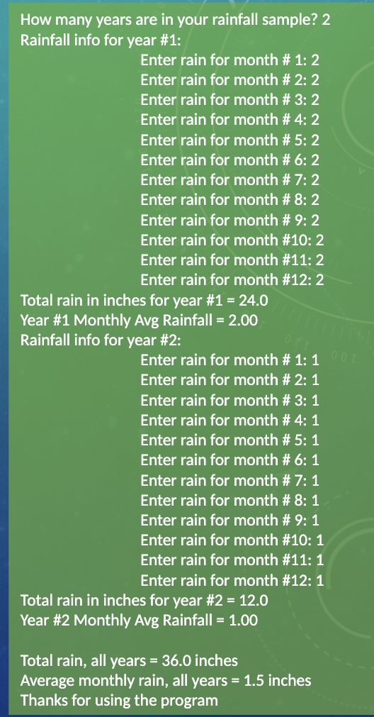 Solved avg_rainfall.py: Write a program that collects | Chegg.com