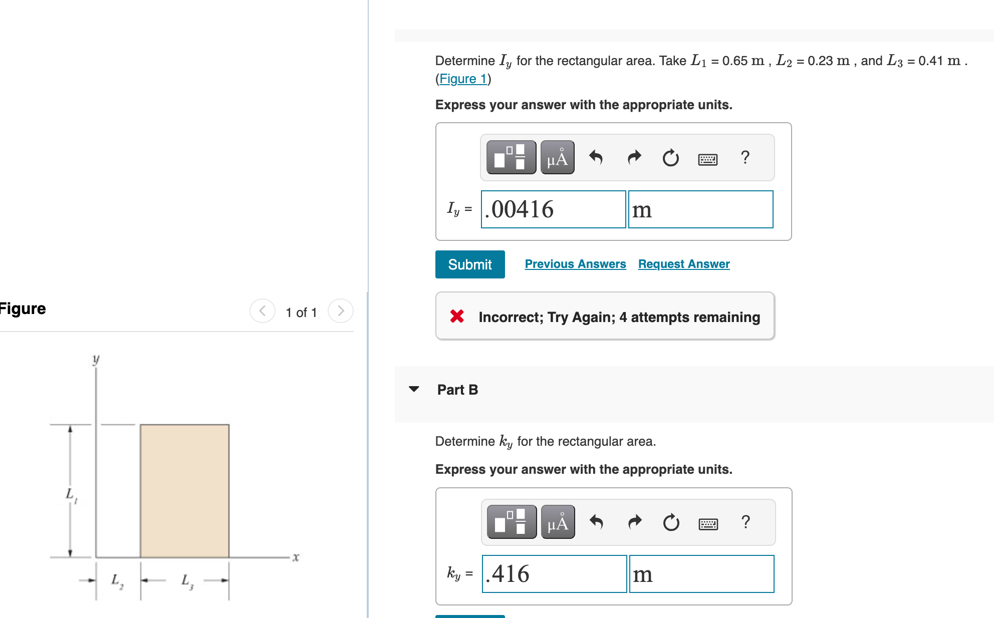 Solved Determine Iy for the rectangular area. Take L1=0.65 | Chegg.com