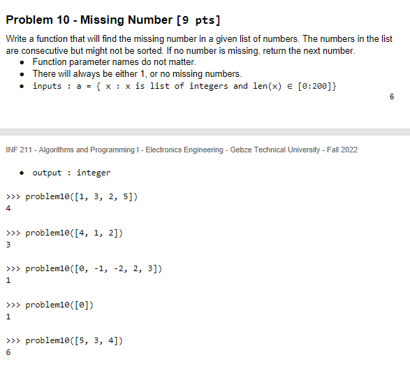 Solved Problem 10 - Missing Number [ 9 pts] Write a function | Chegg.com
