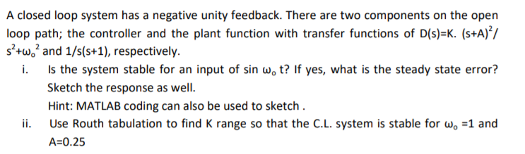 Solved A closed loop system has a negative unity feedback. | Chegg.com