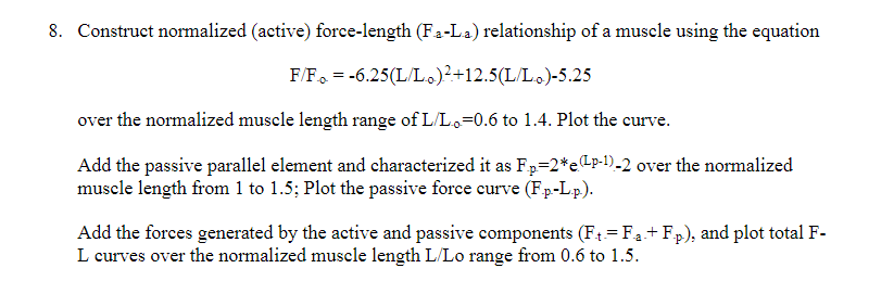 Solved 8. Construct normalized (active) force-length (Fa-La) | Chegg.com