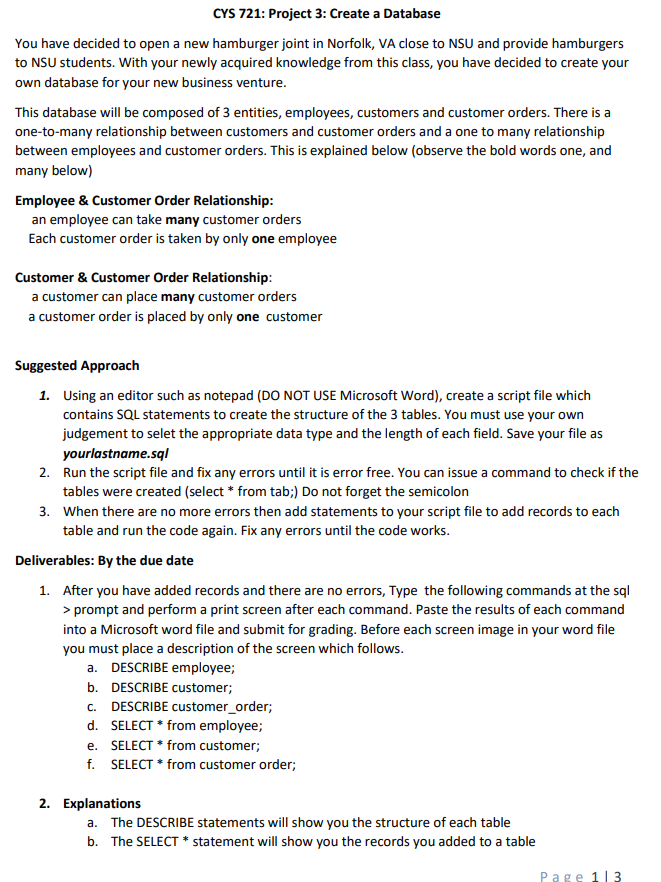 Solved CYS 721: Project 3: Create a Database You have | Chegg.com