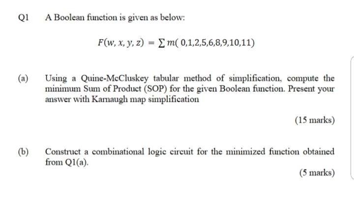 Solved Q1 A Boolean function is given as below: F(w, x, y, | Chegg.com