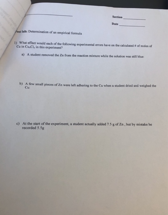Solved Section Date lab: Determination of an empirical | Chegg.com