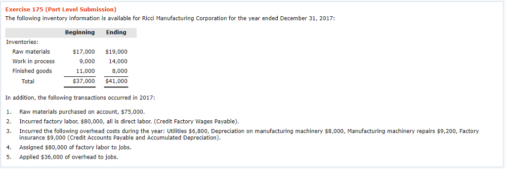 Solved Exercise 175 (Part Level Submission) The following | Chegg.com