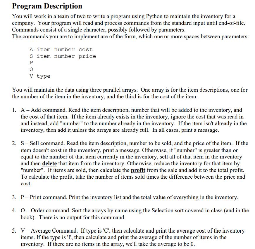 Solved Program Description You will work in a team of two to | Chegg.com