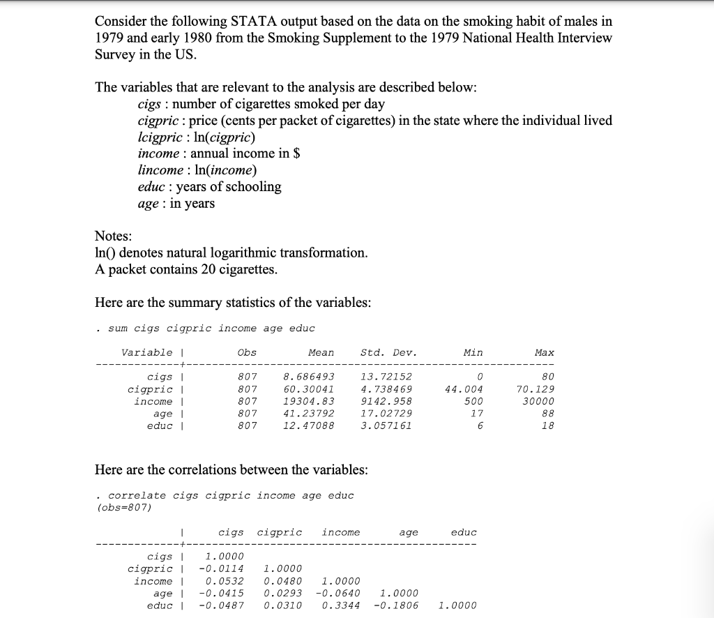 Solved Consider the following STATA output based on the data | Chegg.com