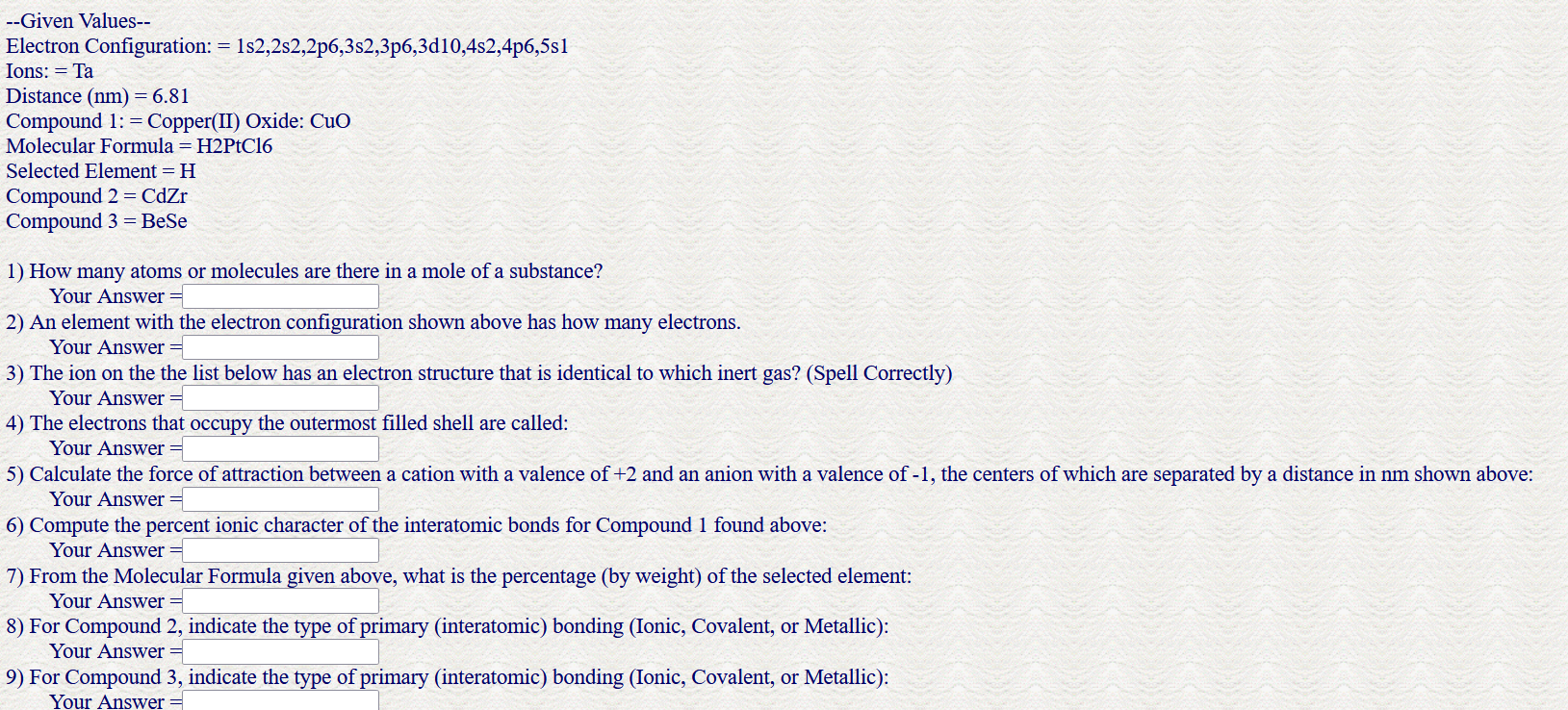 Solved --Given Values--Electron Configuration: | Chegg.com