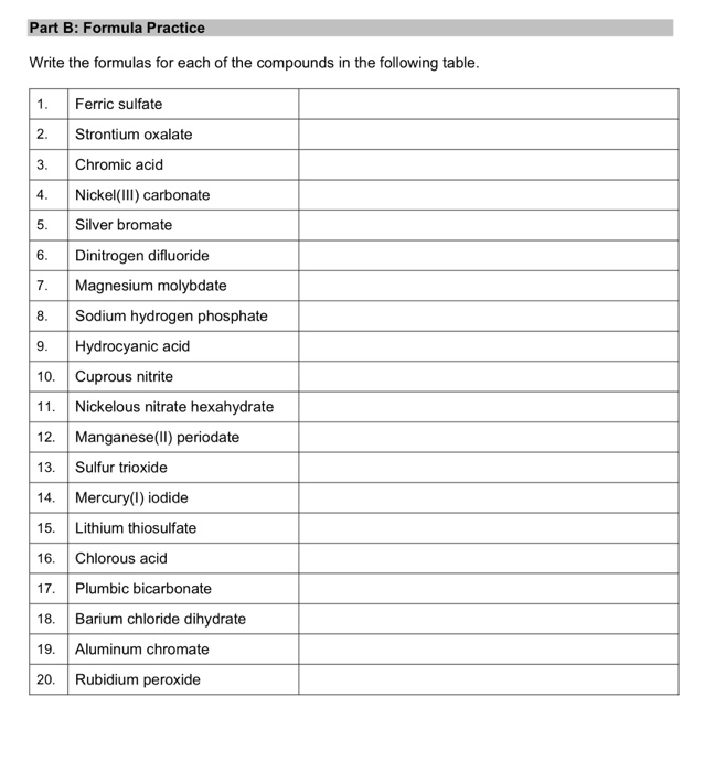 Solved Part B: Formula Practice Write the formulas for each | Chegg.com