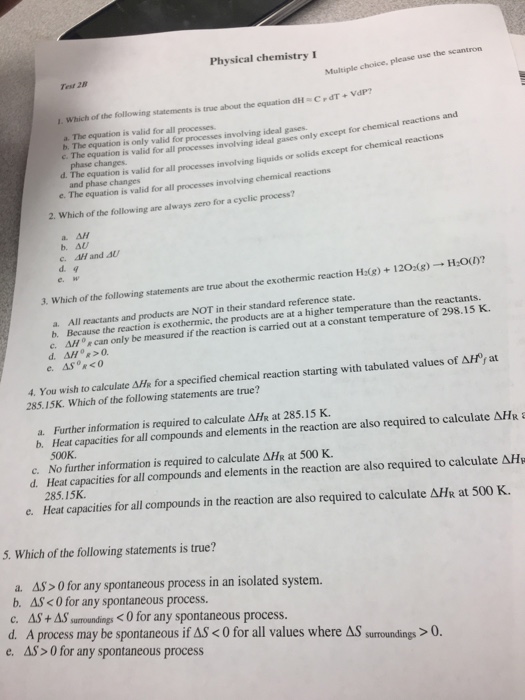 Solved Physical chemistry I Test 2N Multiple choice, please | Chegg.com
