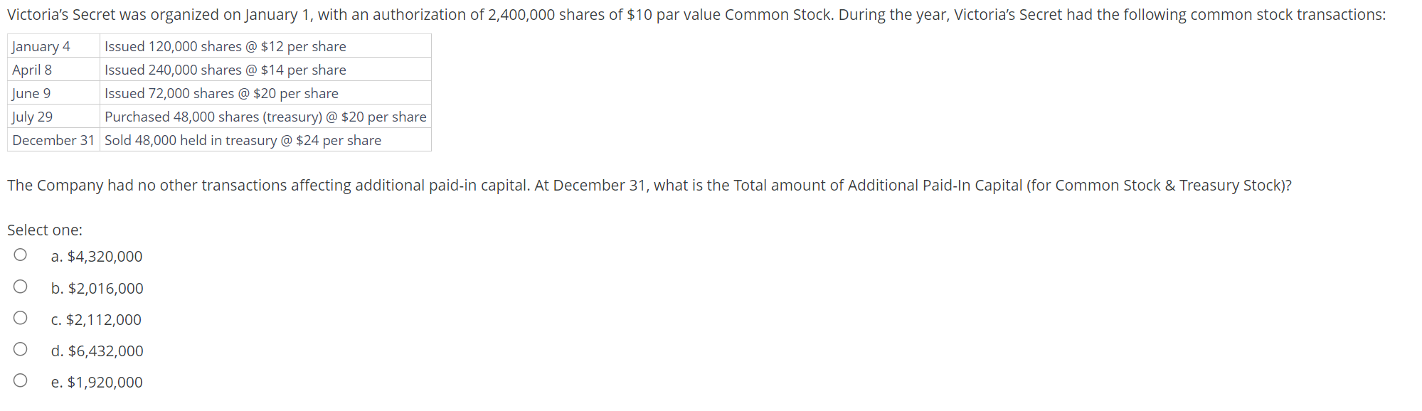 Solved Select one: a. $4,320,000 b. $2,016,000 C. $2,112,000 | Chegg.com