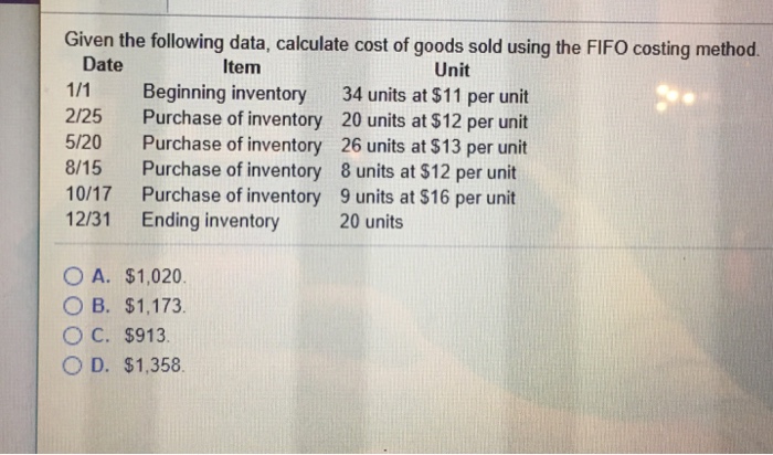 Solved Given the following data, calculate cost of goods | Chegg.com
