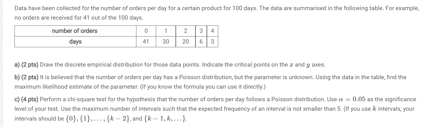Solved Data have been collected for the number of orders per | Chegg.com