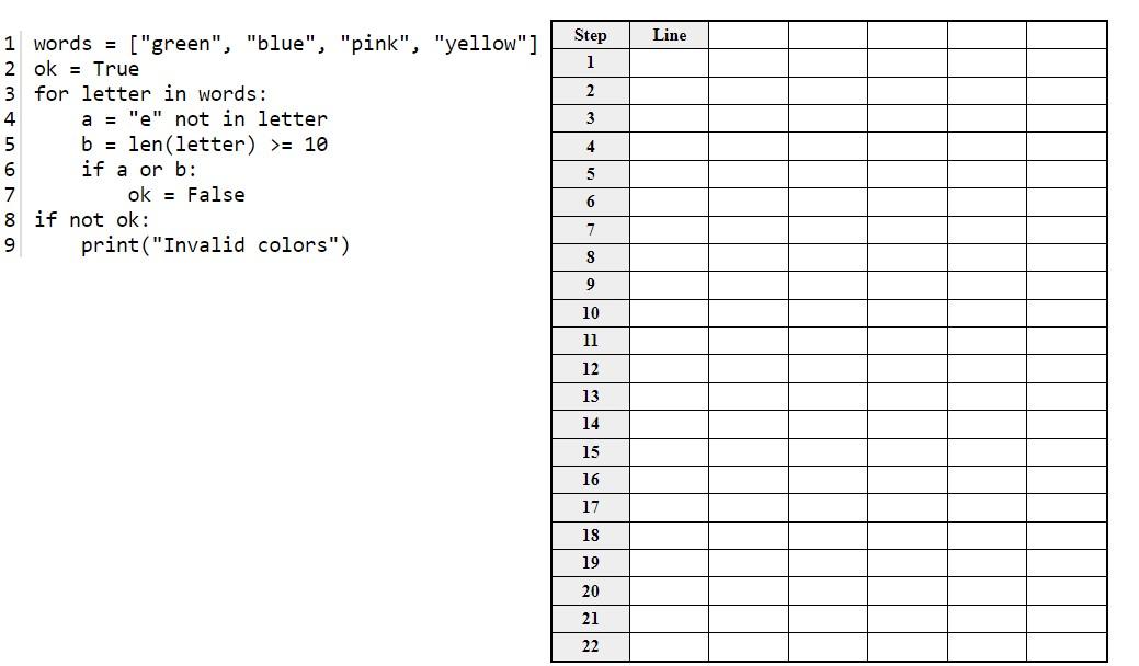 Solved \begin{tabular}{l|c} 1 & colors \( =[ \) "green", | Chegg.com