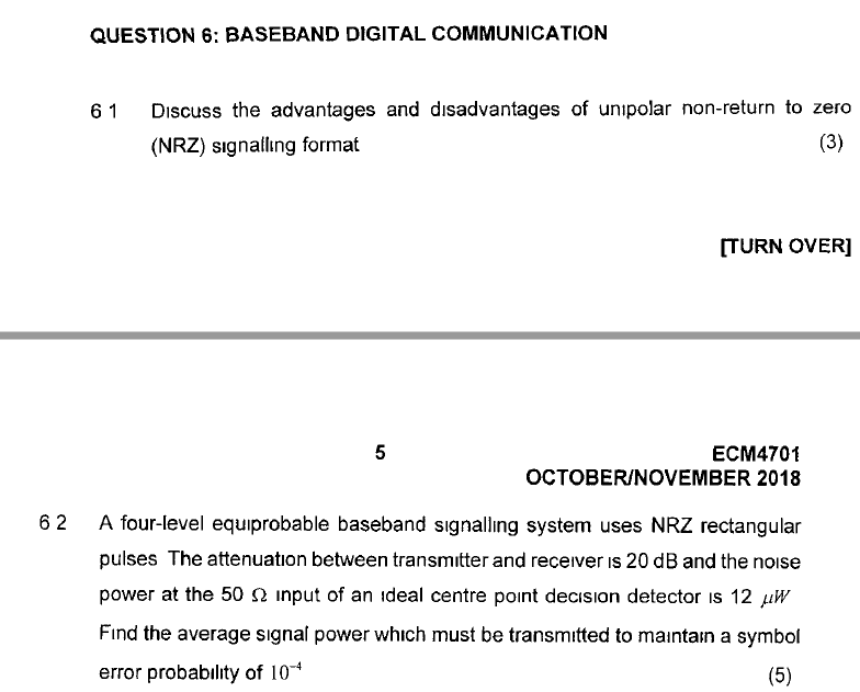 Solved Question 6 Baseband Digital Communication 61 Discuss