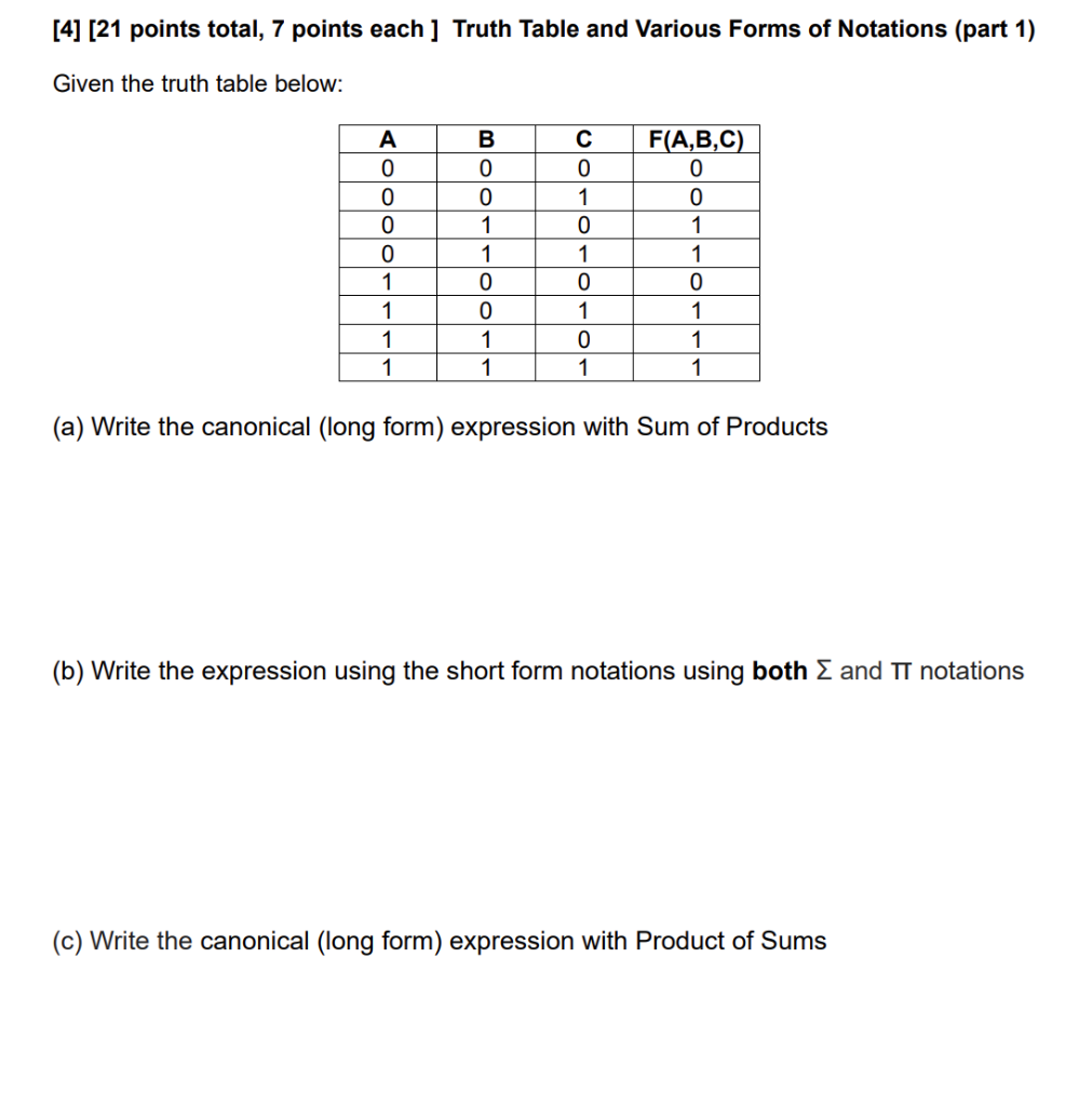 Solved [4] [21 points total, 7 points each ] Truth Table and | Chegg.com