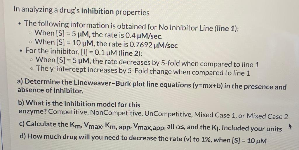 In analyzing a drug's inhibition properties - The | Chegg.com