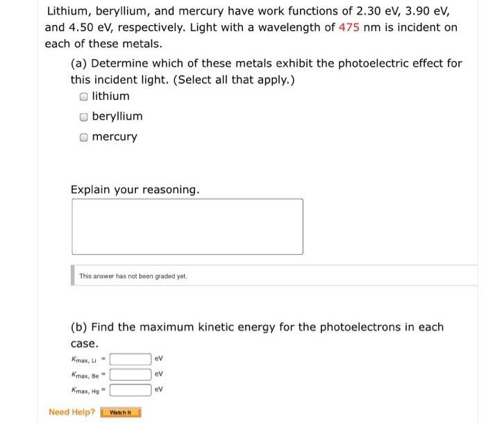 Solved Lithium, beryllium, and mercury have work functions | Chegg.com