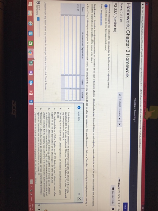 Solved Homework: Chapter 3 Homework Score: 0 of 3 pts P3-33A | Chegg.com Solved Homework: Chapter 3 Homework Score: 0 of 3 pts P3-33A | Chegg.com