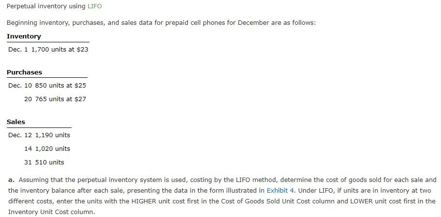Solved Perpetual inventory using LIFO Beginning inventory, | Chegg.com