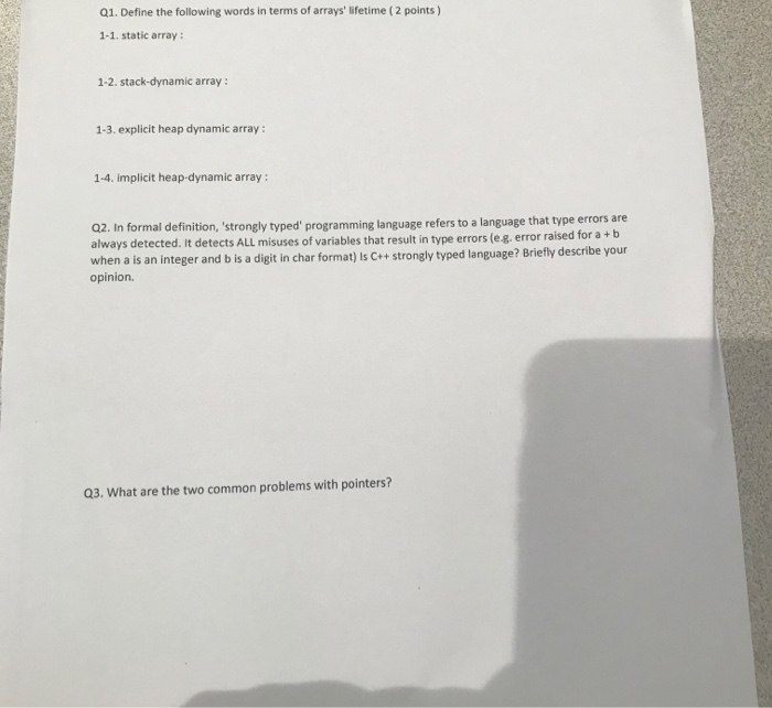 Solved Q1. Define the following words in terms of arrays' | Chegg.com