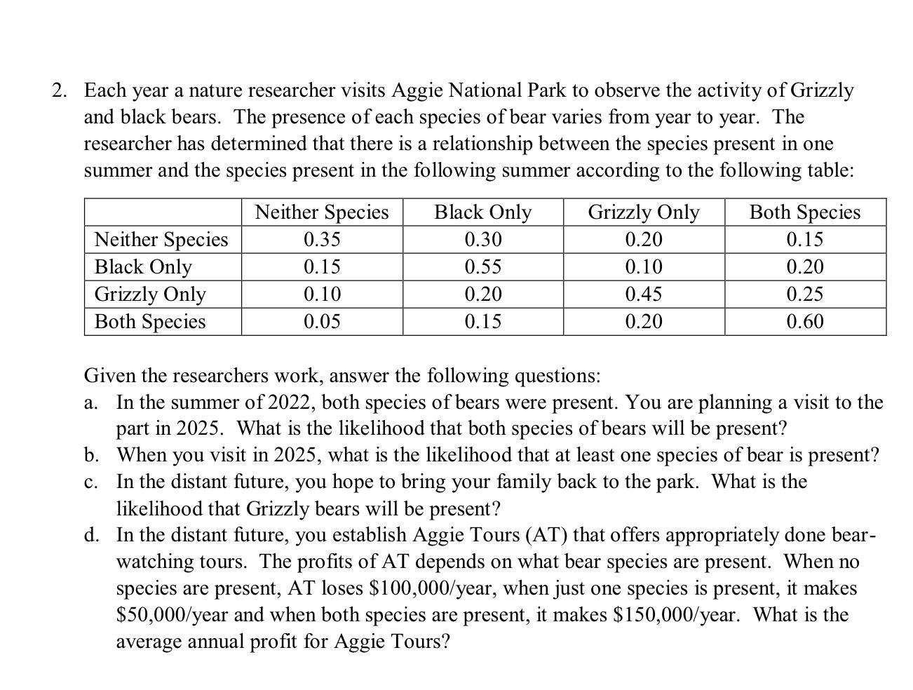 Solved Each year a nature researcher visits Aggie National | Chegg.com