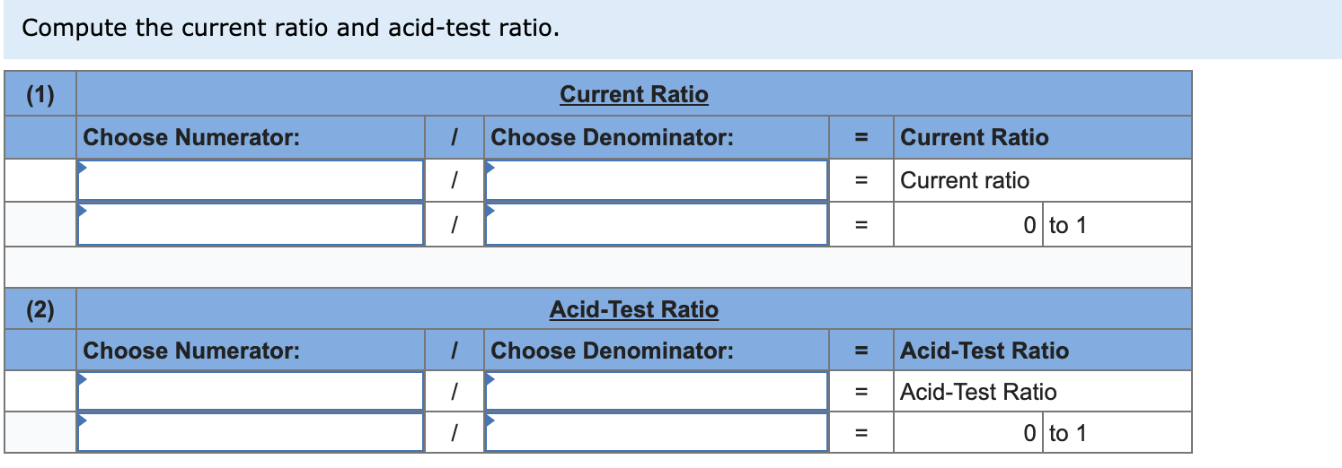Solved Compute the current ratio and acid-test ratio. (1) | Chegg.com