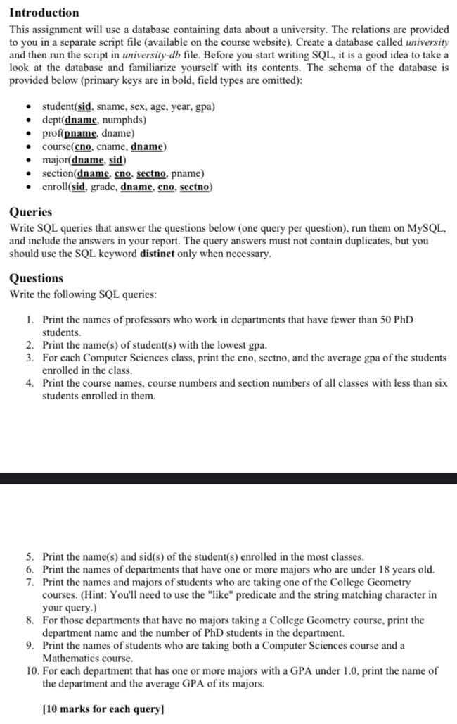 Solved Introduction This assignment will use a database | Chegg.com