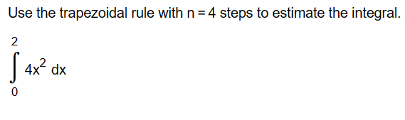 Solved Use the trapezoidal rule with n=4 steps to estimate | Chegg.com