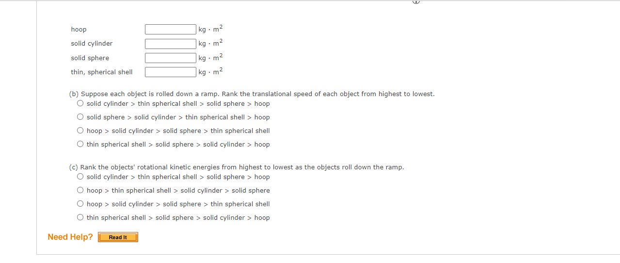 Solved Four objects-a hoop, a solid cylinder, a solid | Chegg.com