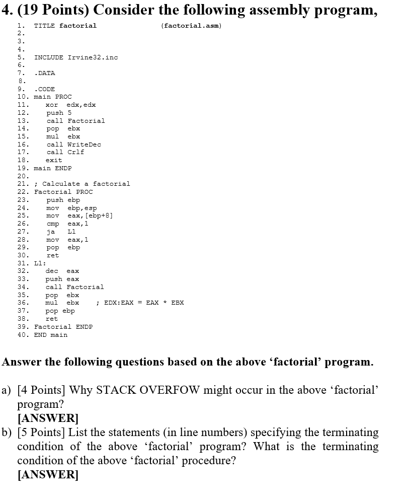 Solved 4. (19 ﻿Points) ﻿Consider the following assembly | Chegg.com
