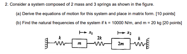Solved 2. Consider a system composed of 2 mass and 3 springs | Chegg.com