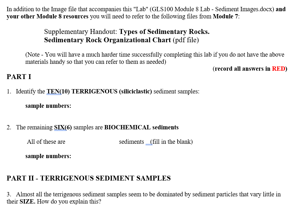 Solved PART II - ﻿TERRIGENOUS SEDIMENT SAMPLESAlmost all the | Chegg.com