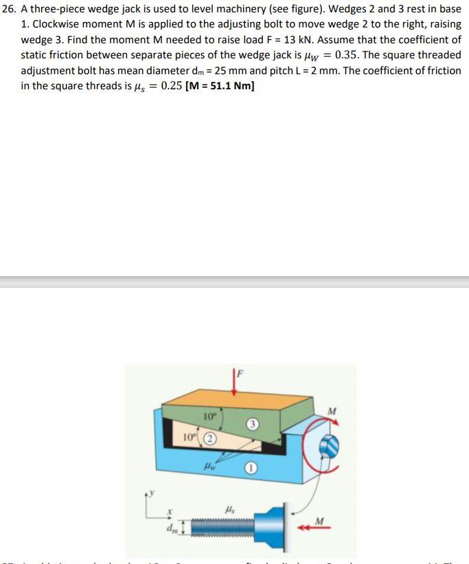 Solved A three‐piece wedge jack is used to level machinery | Chegg.com