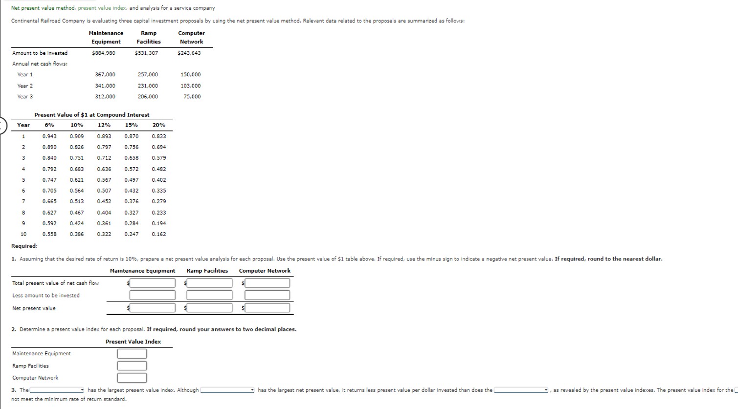 Solved Net present value method, present value index, and | Chegg.com Solved Net present value method, present value index, and | Chegg.com