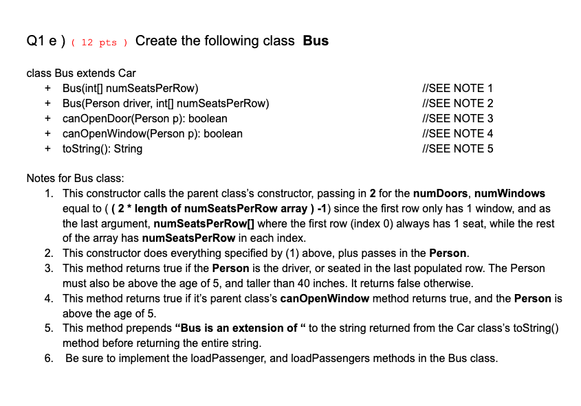 Solved Q1 e) ( 12 pts ) Create the following class Bus class | Chegg.com
