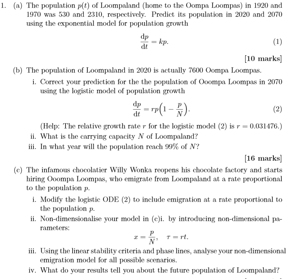 Solved 1. (a) The population p(t) of Loompaland (home to the | Chegg.com