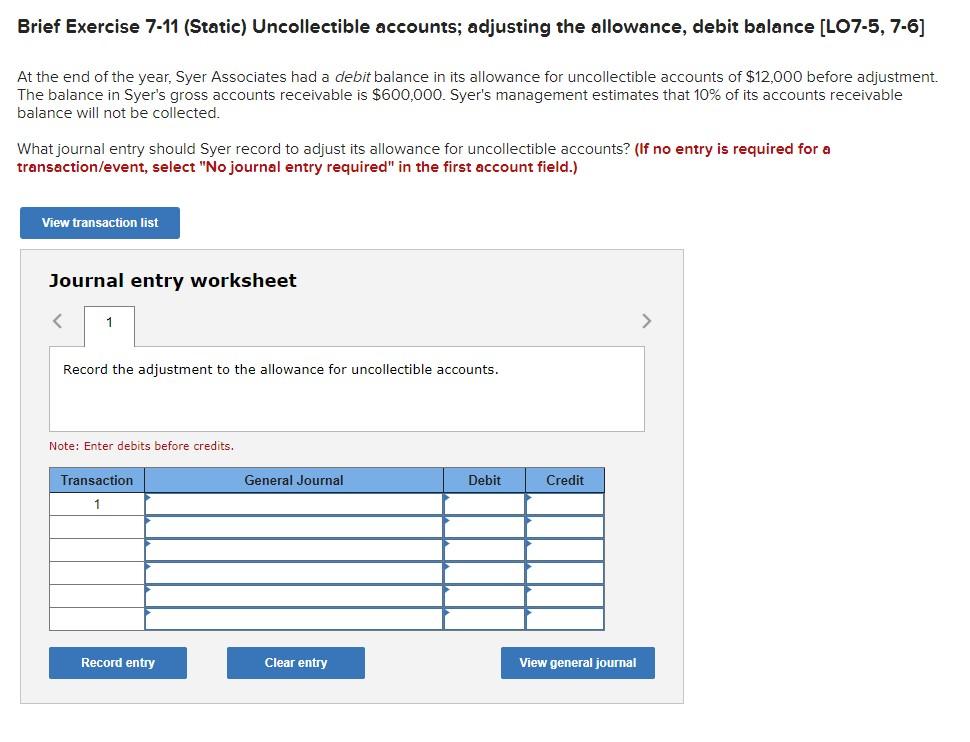 Solved Brief Exercise 7-11 (Static) Uncollectible accounts; | Chegg.com
